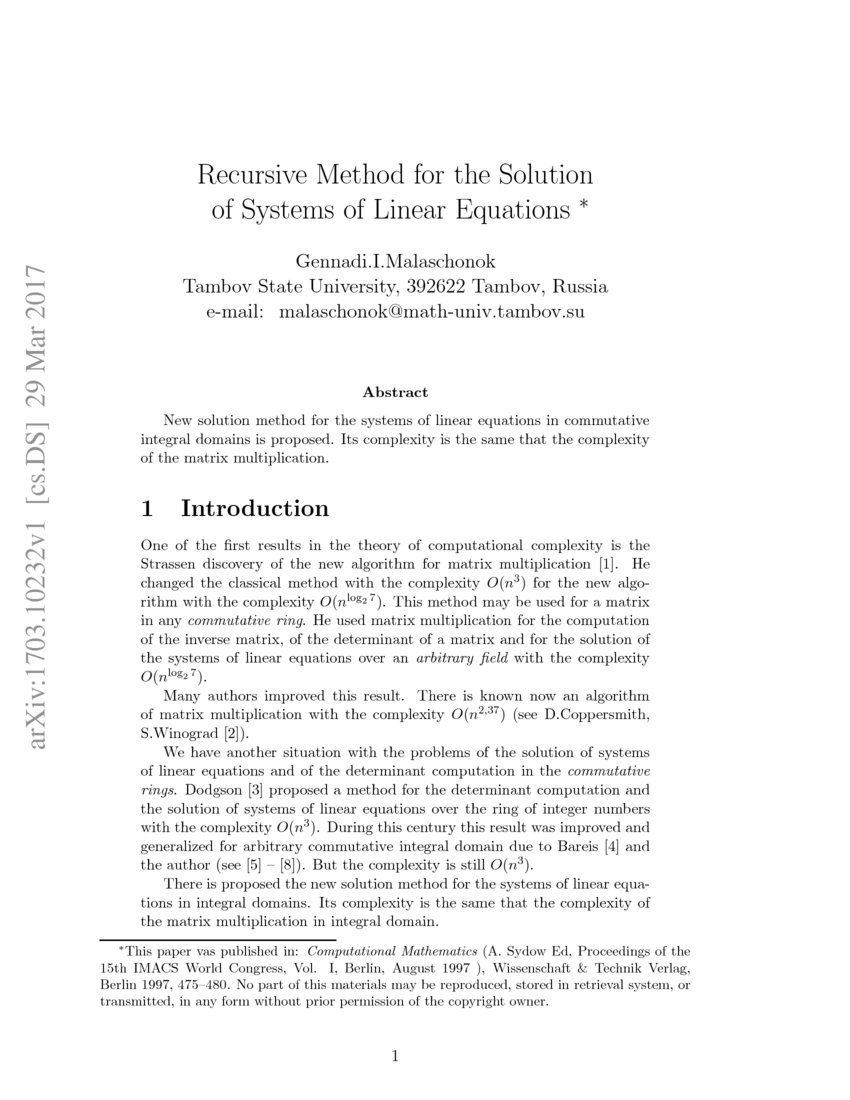 Recursive Method for the Solution of Systems of Linear Equations | DeepAI