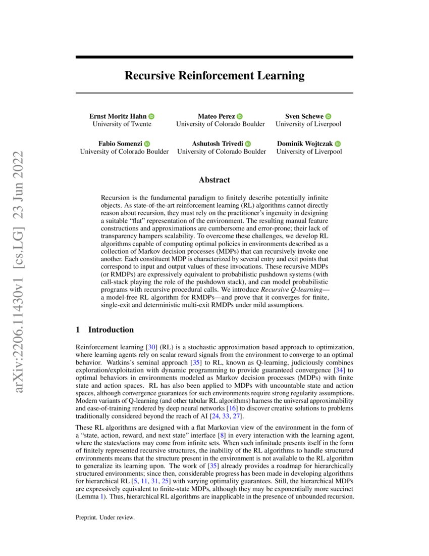 Recursive Reinforcement Learning | DeepAI