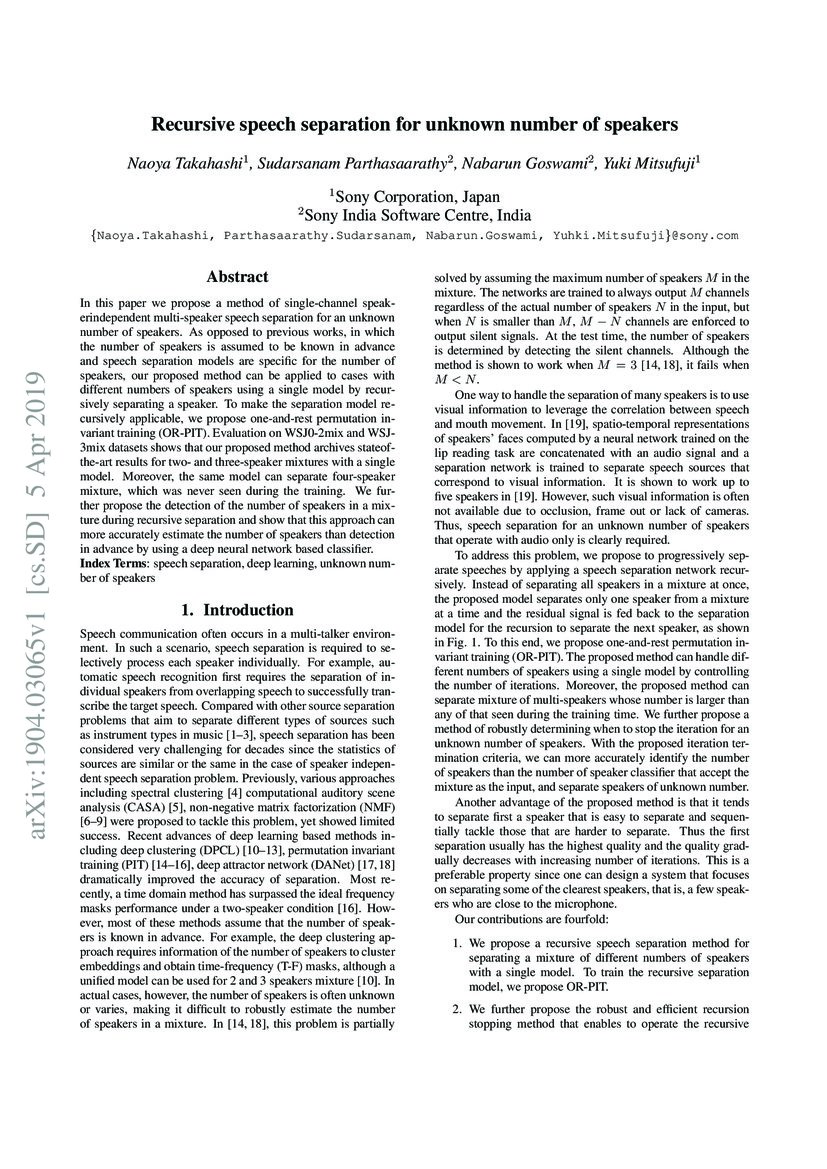 Recursive speech separation for unknown number of speakers | DeepAI