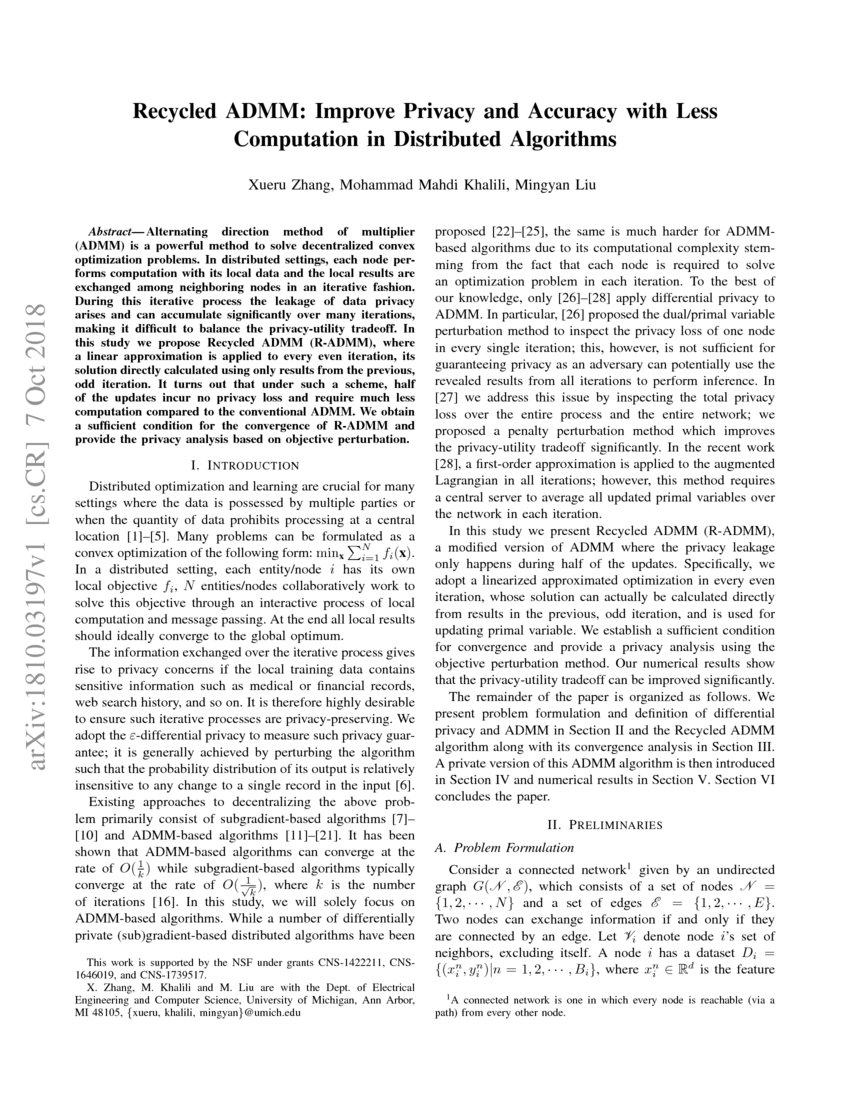 Recycled Admm Improve Privacy And Accuracy With Less Computation In Distributed Algorithms Deepai