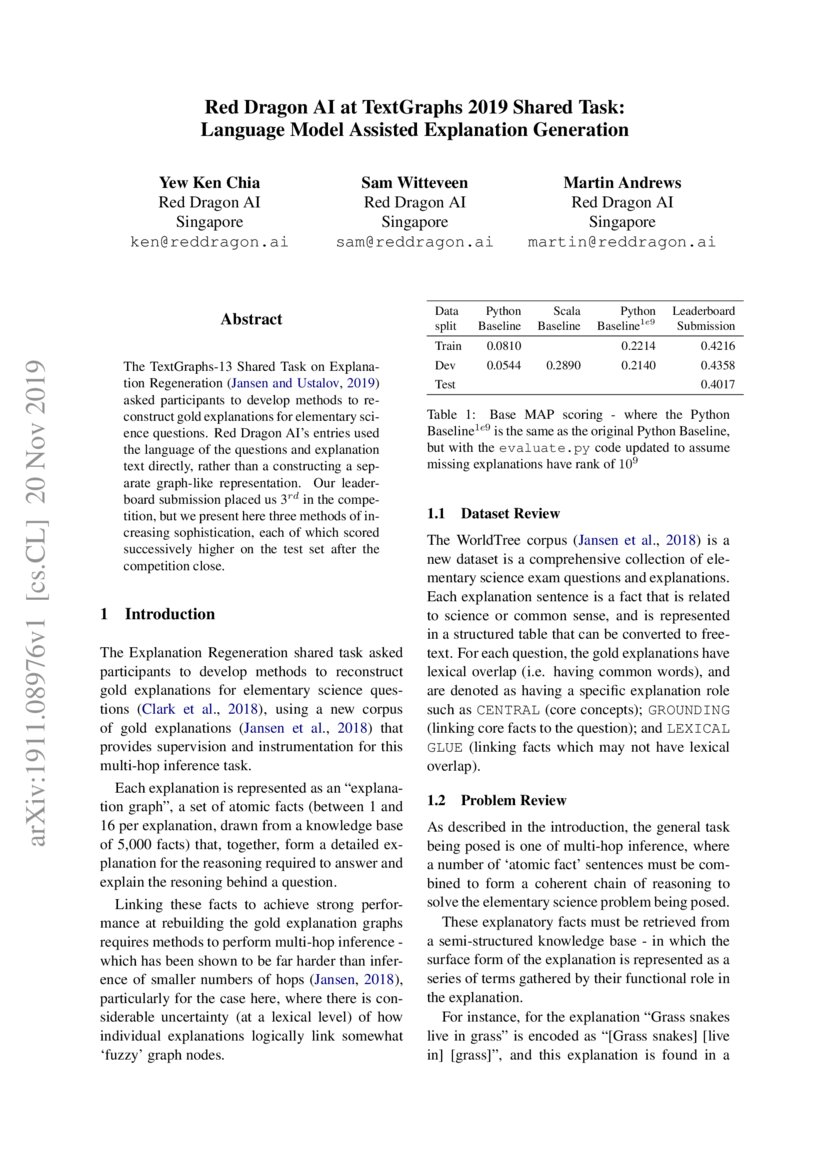 Red Dragon Ai At Textgraphs 2019 Shared Task Language Model Assisted Explanation Generation