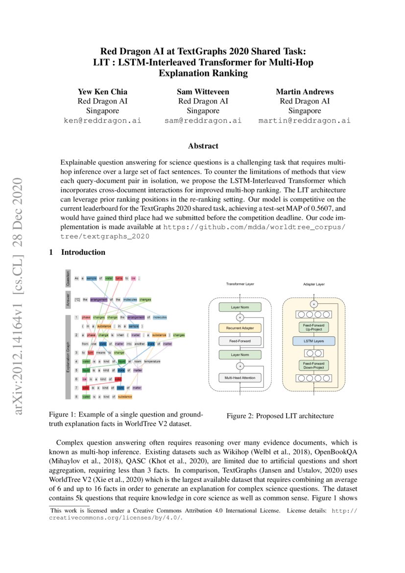 Red Dragon Ai At Textgraphs 2020 Shared Task Lit Lstm Interleaved Transformer For Multi Hop