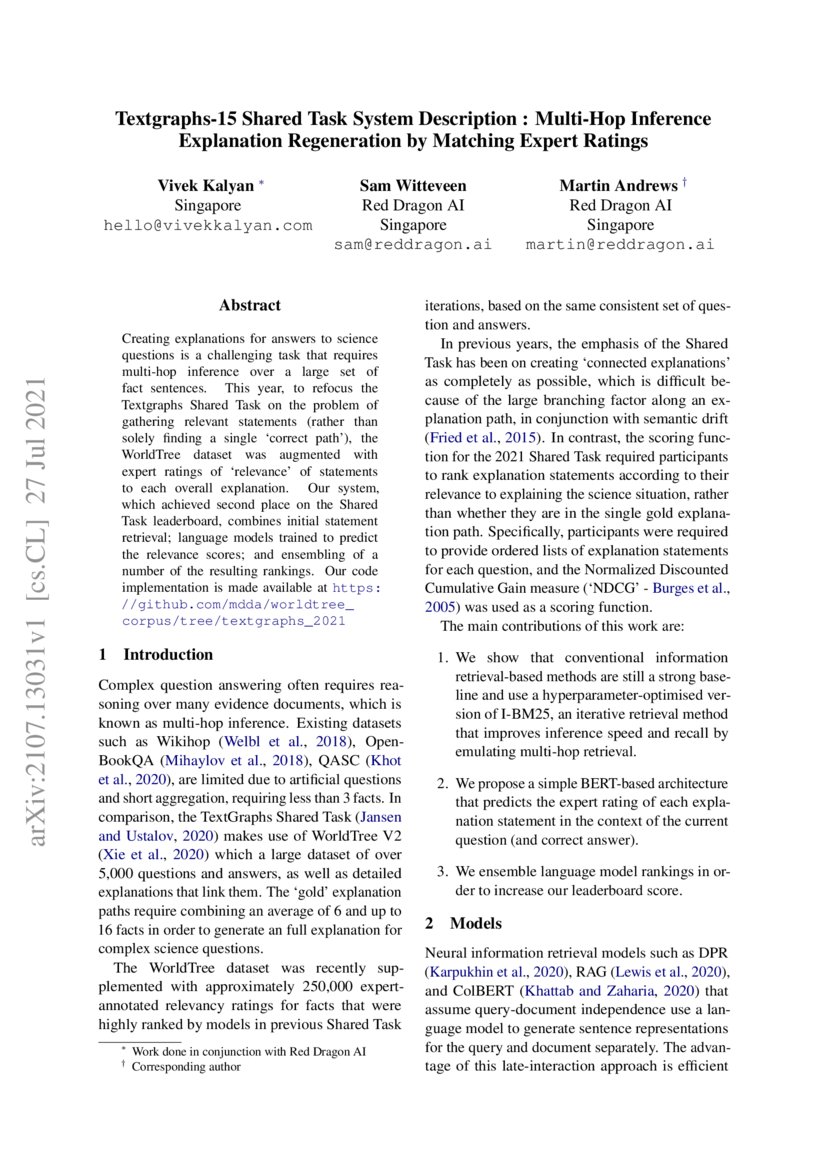 Red Dragon AI at TextGraphs 2021 Shared Task: Multi-Hop Inference Explanation Regeneration by ...