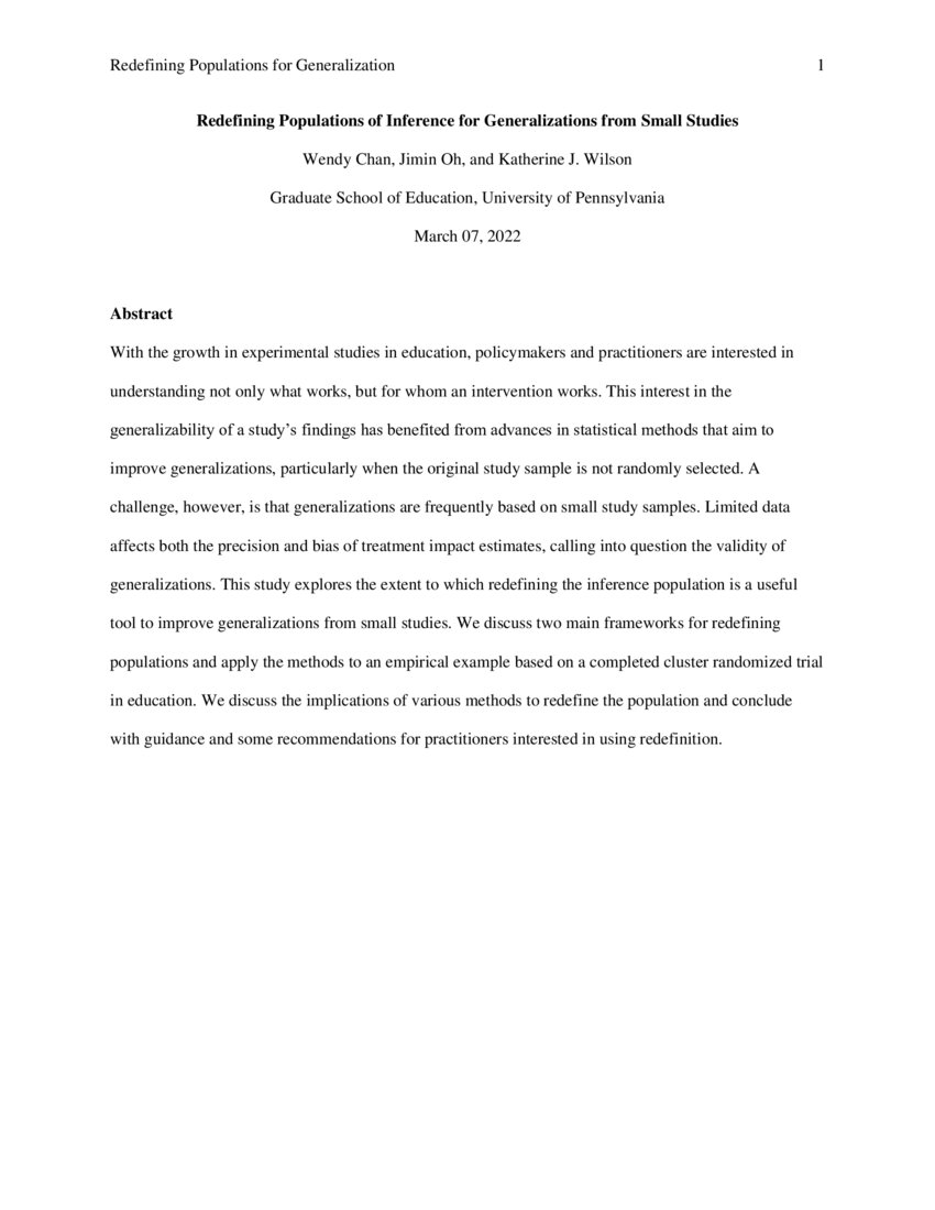 Redefining Populations of Inference for Generalizations from Small ...