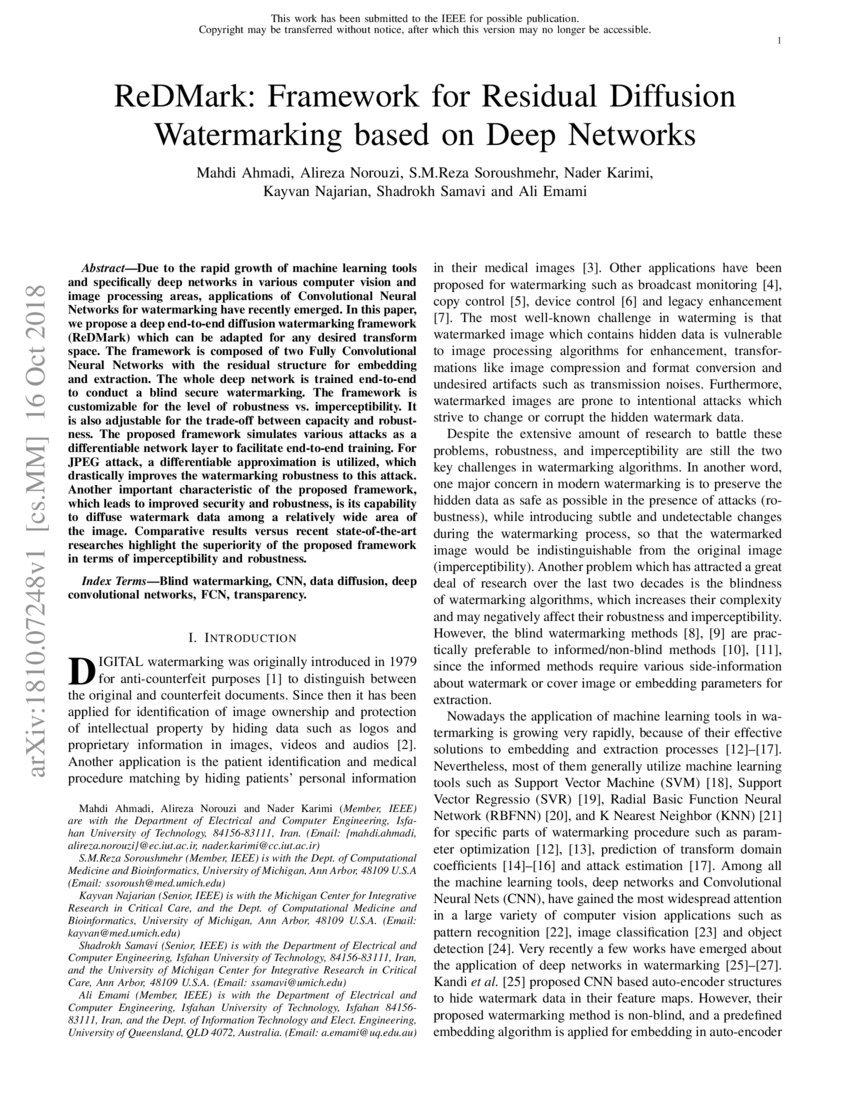 ReDMark: Framework for Residual Diffusion Watermarking on Deep Networks ...