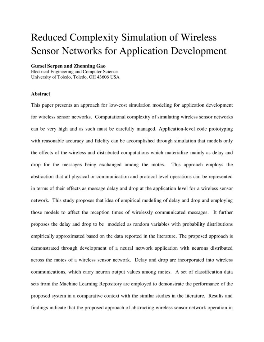 Reduced Complexity Simulation Of Wireless Sensor Networks For Application Development Deepai