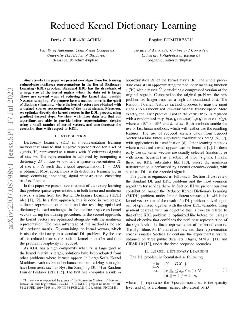 Reduced Kernel Dictionary Learning | DeepAI