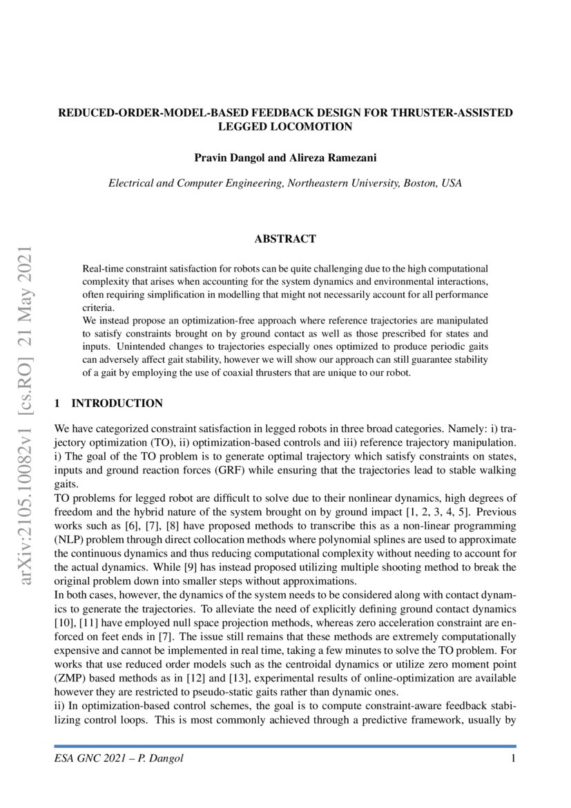 Reduced-Order-Model-Based Feedback Design for Thruster-Assisted Legged Locomotion | DeepAI
