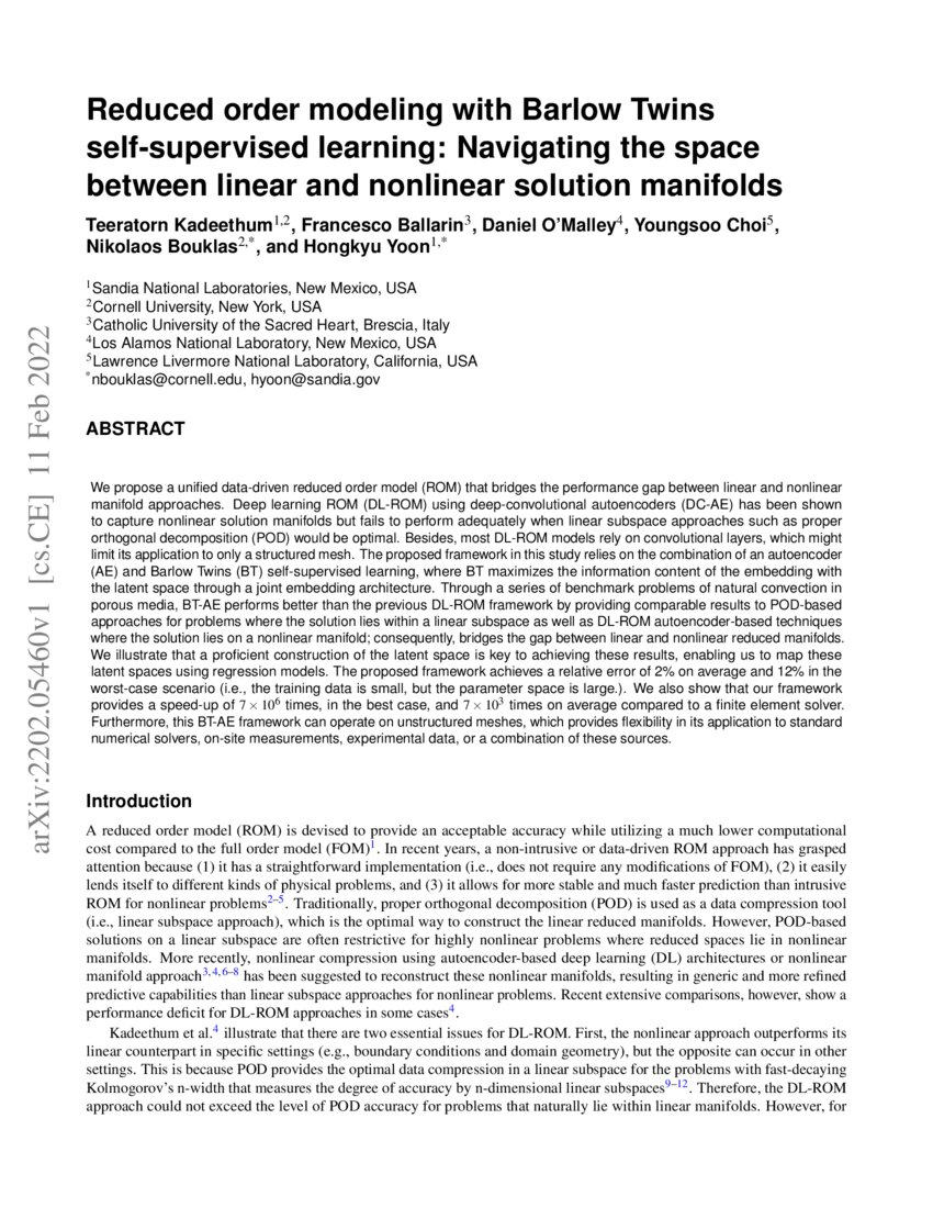 Reduced order modeling for flow and transport problems with Barlow Twins self-supervised ...