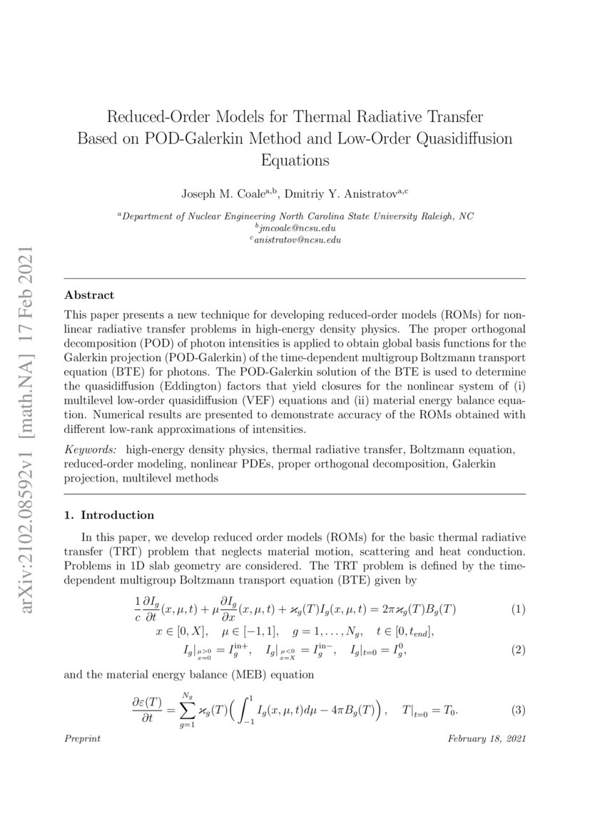 Reduced-Order Models for Thermal Radiative Transfer Based on POD-Galerkin Method and Low-Order ...