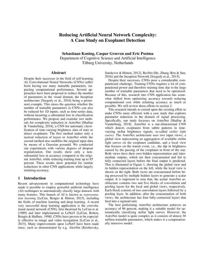 Reducing Artificial Neural Network Complexity: A Case Study on Exoplanet Detection | DeepAI