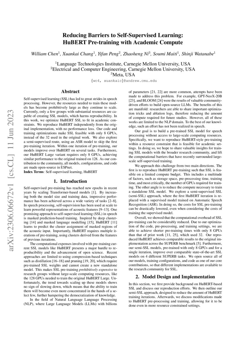 Reducing Barriers to Self-Supervised Learning: HuBERT Pre-training with ...
