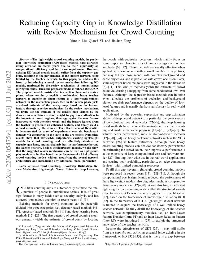 Reducing Capacity Gap in Knowledge Distillation with Review Mechanism for Crowd Counting | DeepAI