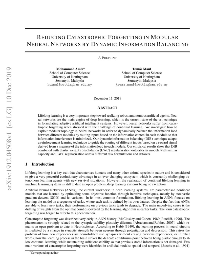 Reducing Catastrophic Forgetting in Modular Neural Networks by Dynamic Information Balancing ...