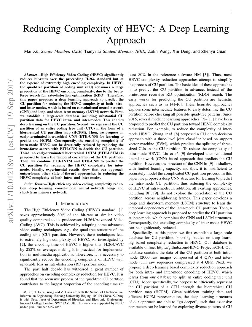 Reducing Complexity Of Hevc A Deep Learning Approach Deepai 