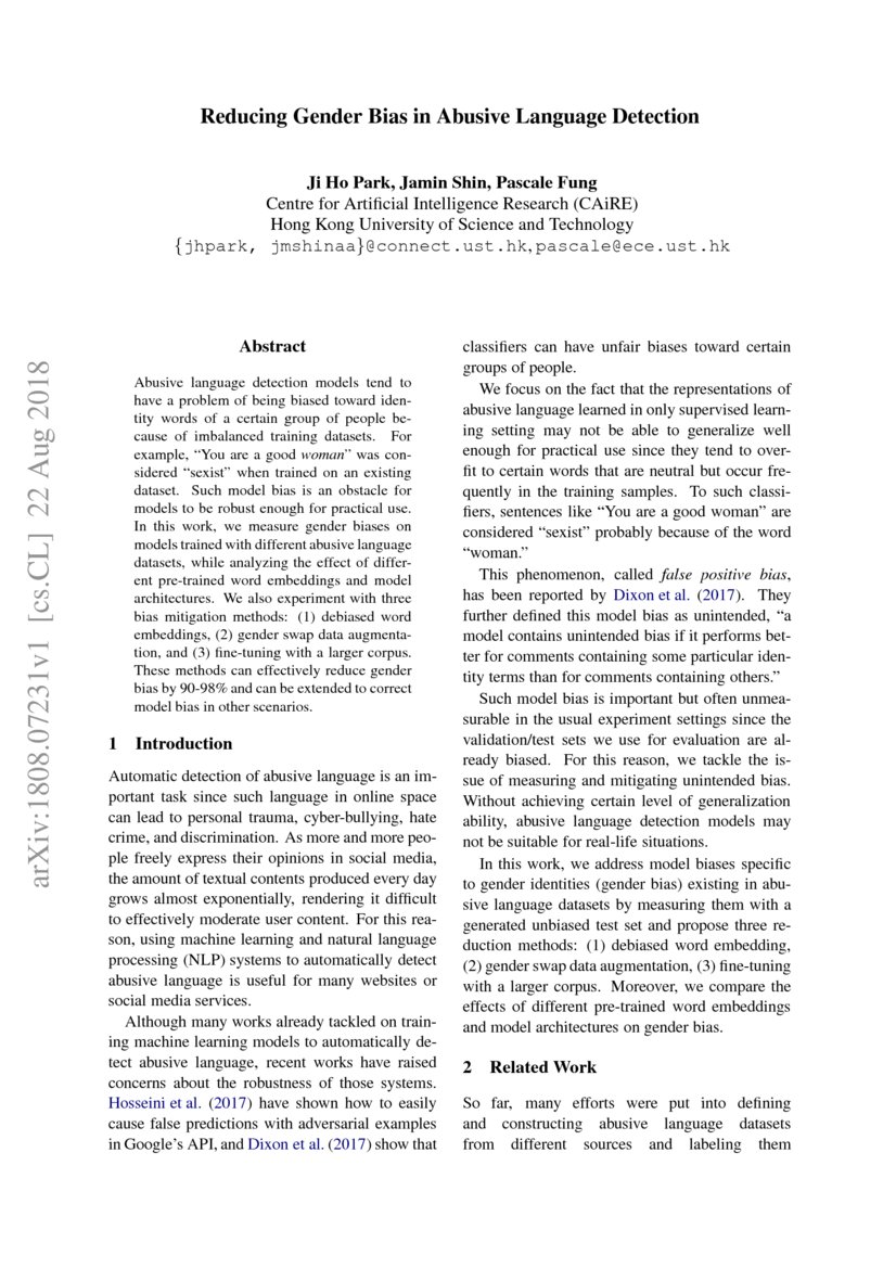 Reducing Gender Bias in Abusive Language Detection | DeepAI