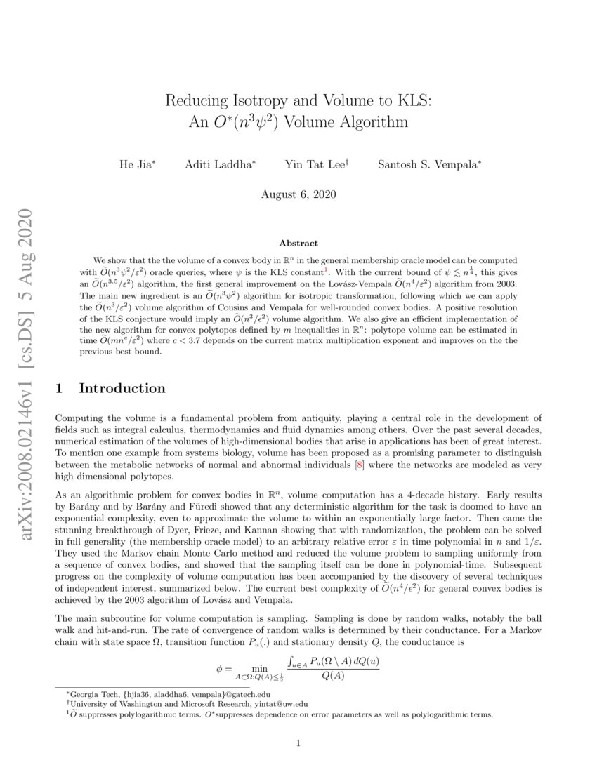 Reducing Isotropy and Volume to KLS: An O(n^3ψ^2) Volume Algorithm | DeepAI