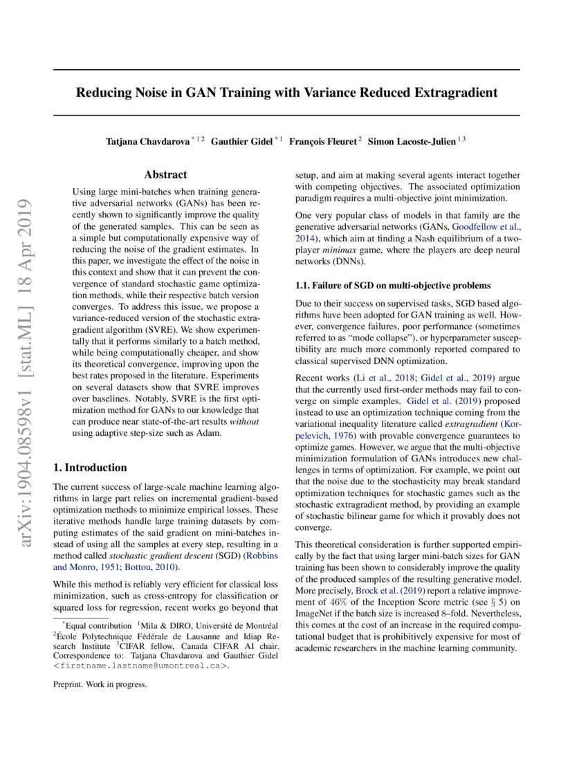 Reducing Noise In Gan Training With Variance Reduced Extragradient Deepai