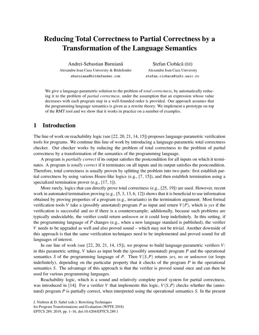 Reducing Total Correctness to Partial Correctness by a Transformation ...