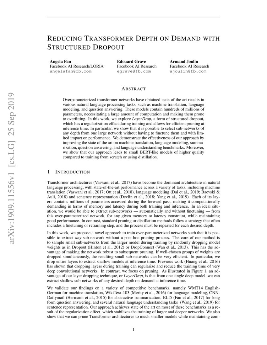 Reducing Transformer Depth on Demand with Structured Dropout | DeepAI