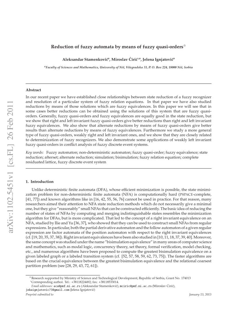 Reduction Of Fuzzy Automata By Means Of Fuzzy Quasi Orders Deepai