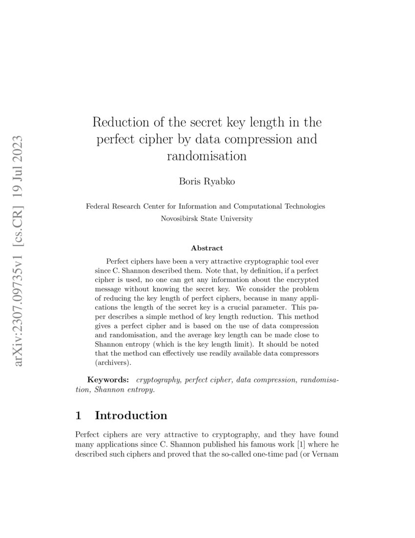 Reduction Of The Secret Key Length In The Perfect Cipher By Data Compression And Randomisation