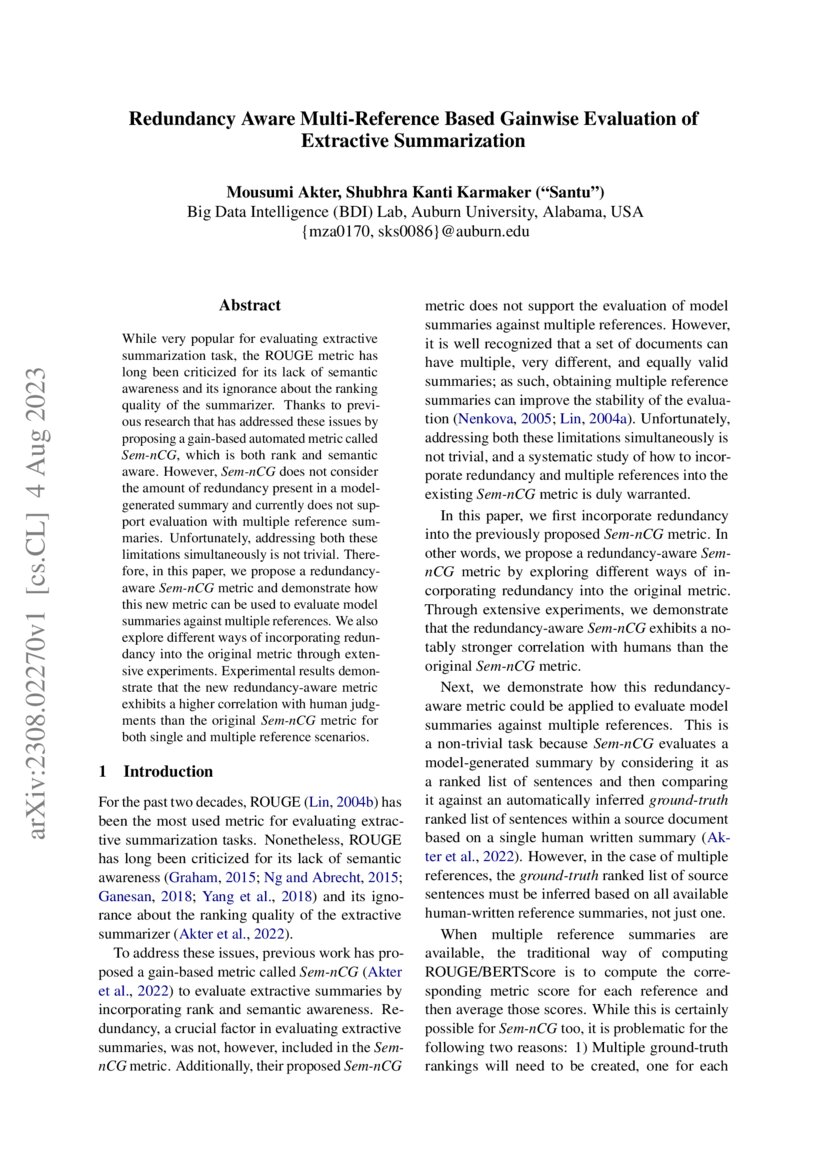 Redundancy Aware Multi Reference Based Gainwise Evaluation Of Extractive Summarization Deepai 