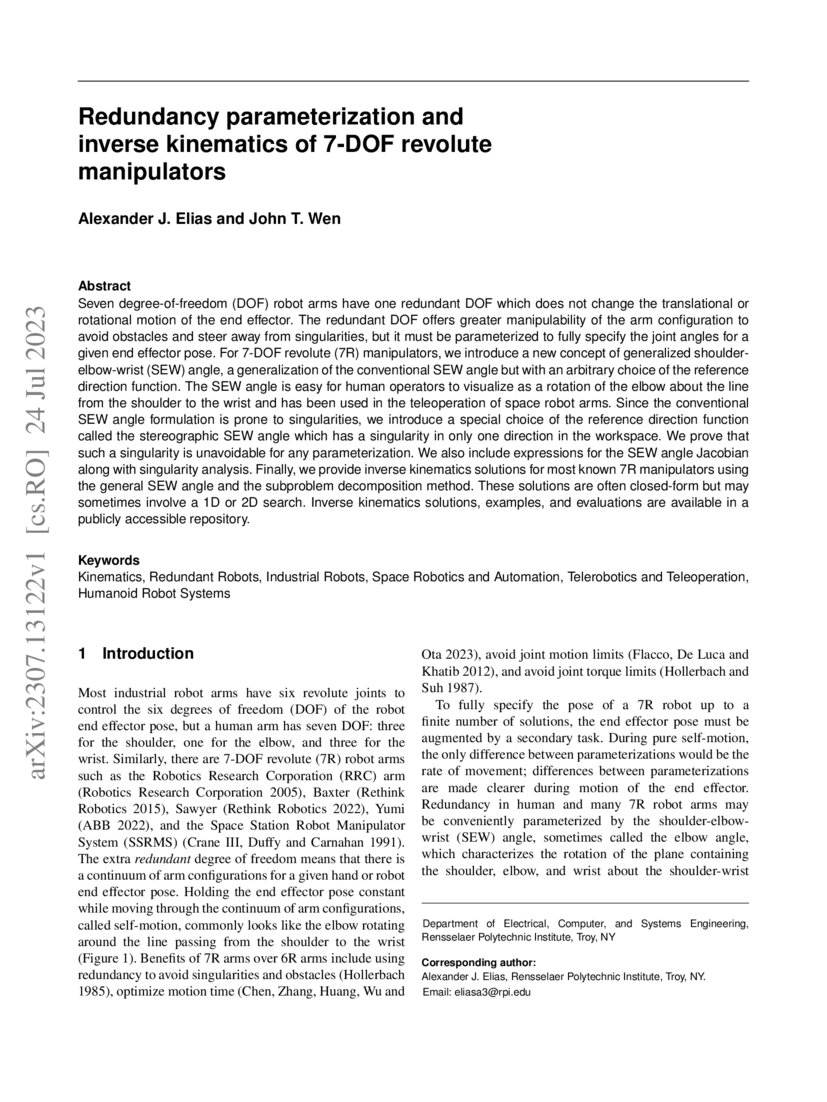 Redundancy parameterization and inverse kinematics of 7-DOF revolute manipulators | DeepAI