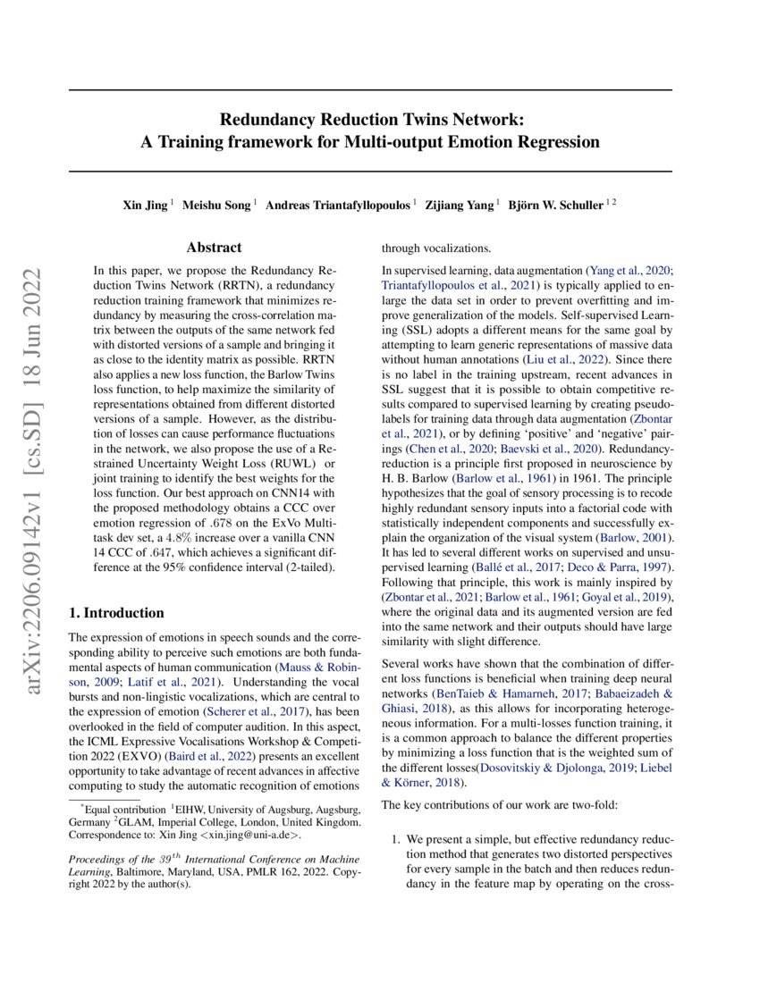 Redundancy Reduction Twins Network: A Training framework for Multi-output Emotion Regression ...