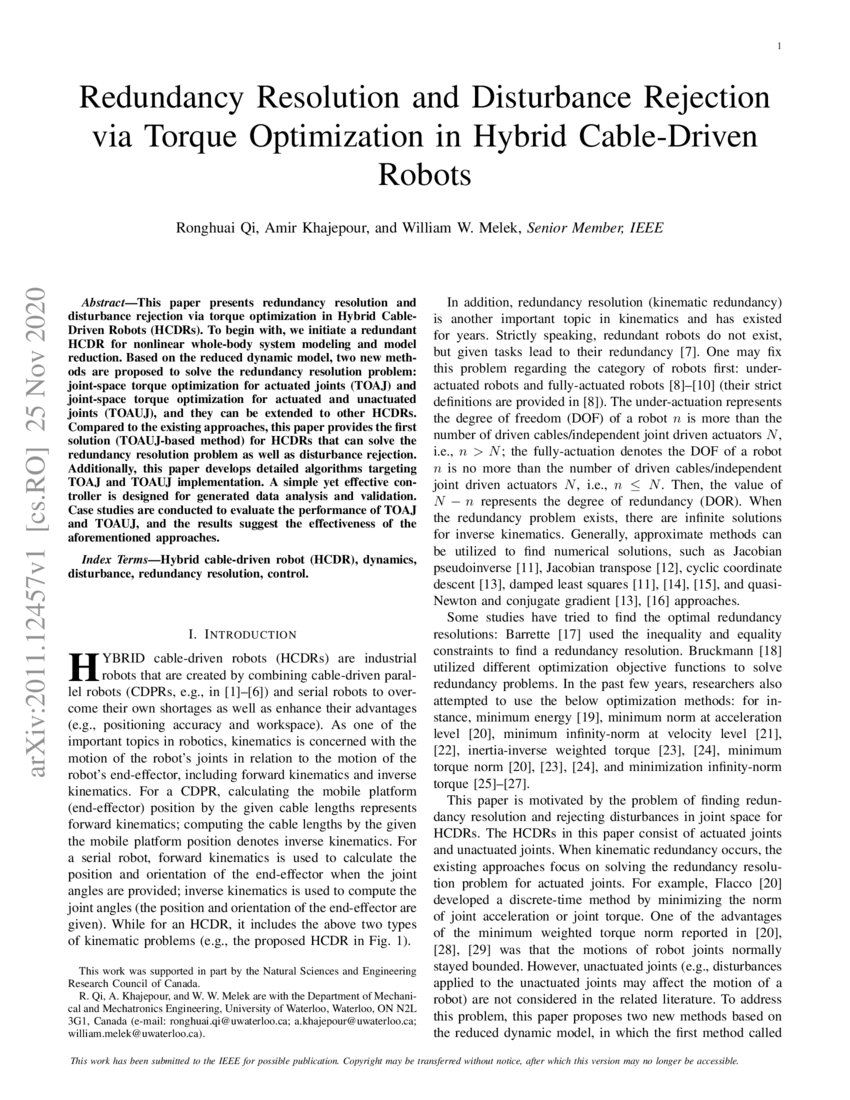 Redundancy Resolution and Disturbance Rejection via Torque Optimization in Hybrid Cable-Driven ...