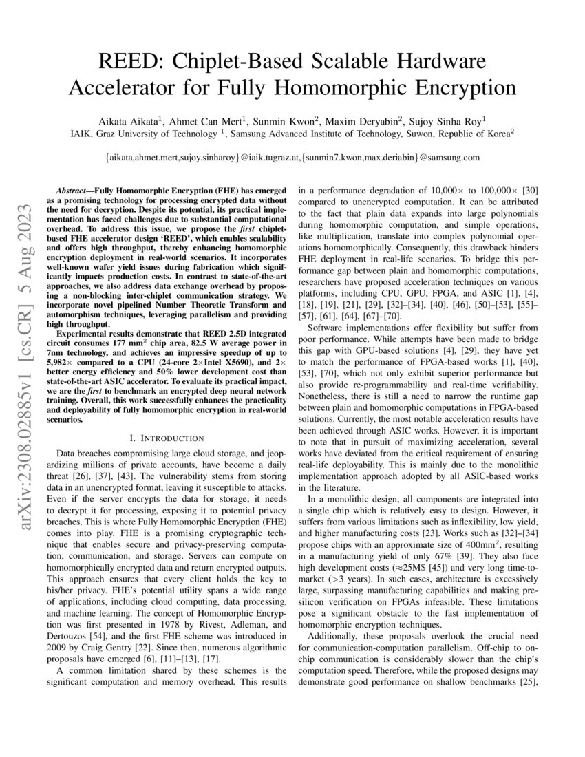 Reed Chiplet Based Scalable Hardware Accelerator For Fully Homomorphic Encryption Deepai 