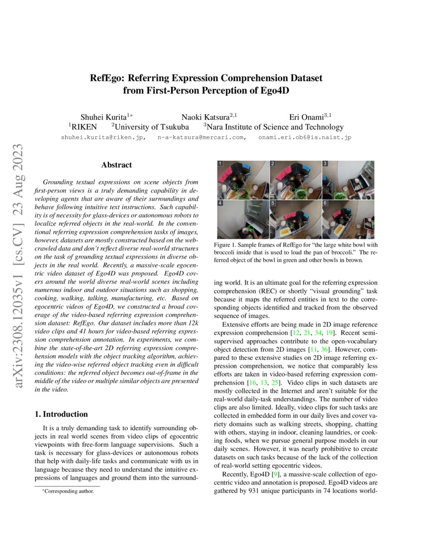 RefEgo: Referring Expression Comprehension Dataset from First-Person Perception of Ego4D | DeepAI