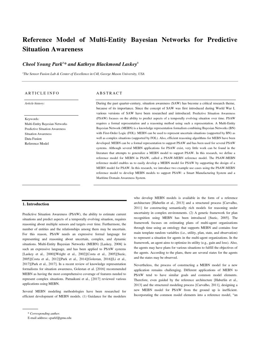 Reference Model of Multi-Entity Bayesian Networks for Predictive Situation Awareness | DeepAI
