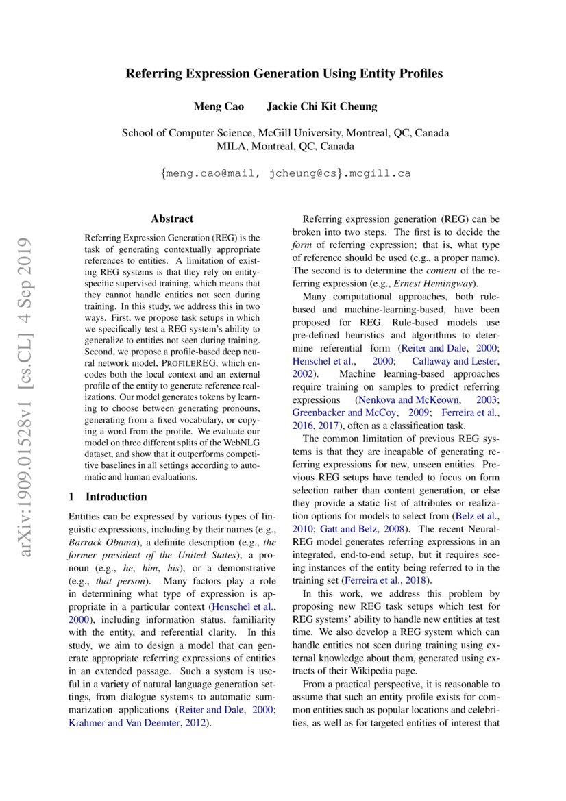 Referring Expression Generation Using Entity Profiles | DeepAI