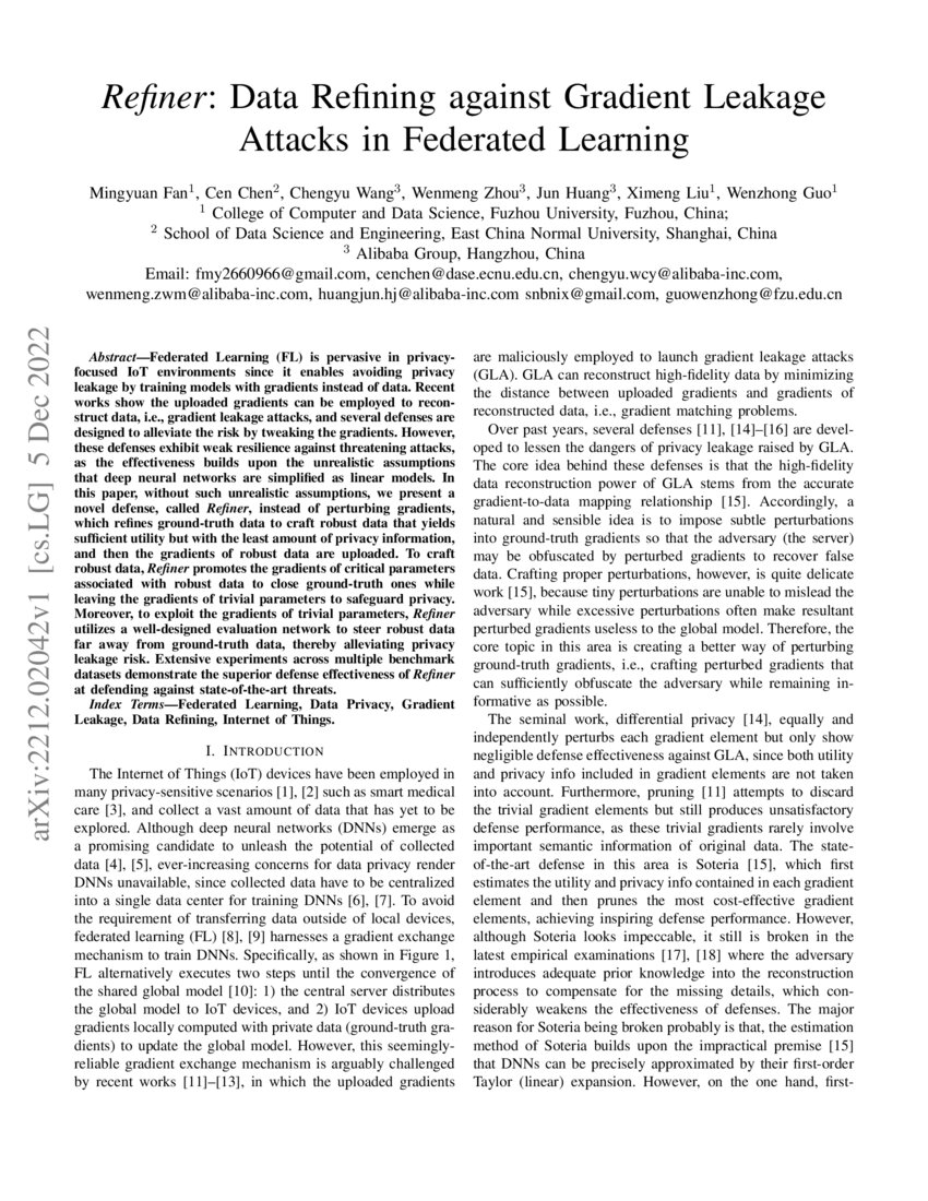 Refiner: Data Refining against Gradient Leakage Attacks in Federated ...
