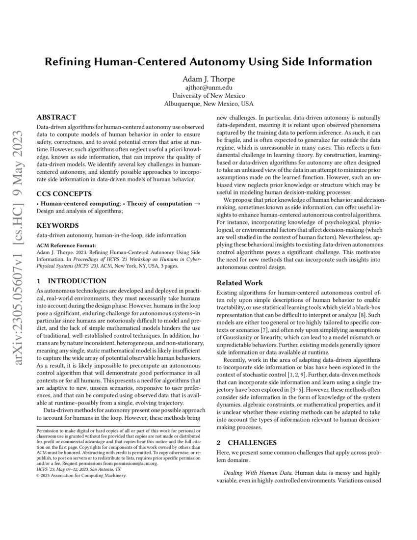 Refining Human-Centered Autonomy Using Side Information | DeepAI