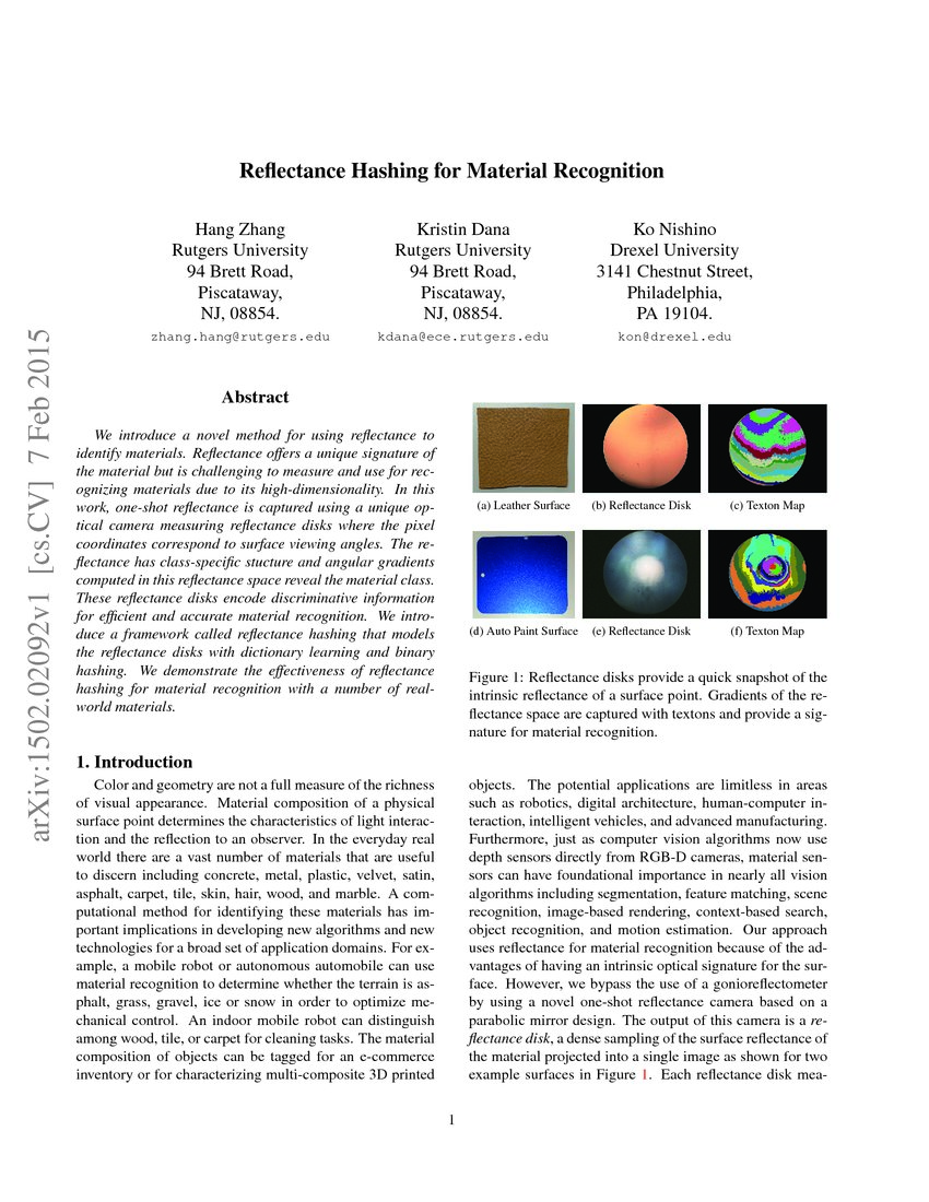 Reflectance Hashing for Material Recognition | DeepAI