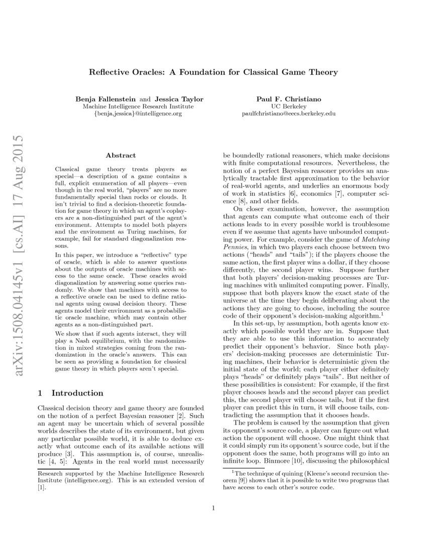 Reflective Oracles: A Foundation for Classical Game Theory | DeepAI