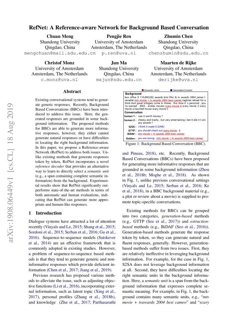 RefNet: A Reference-aware Network for Background Based Conversation ...