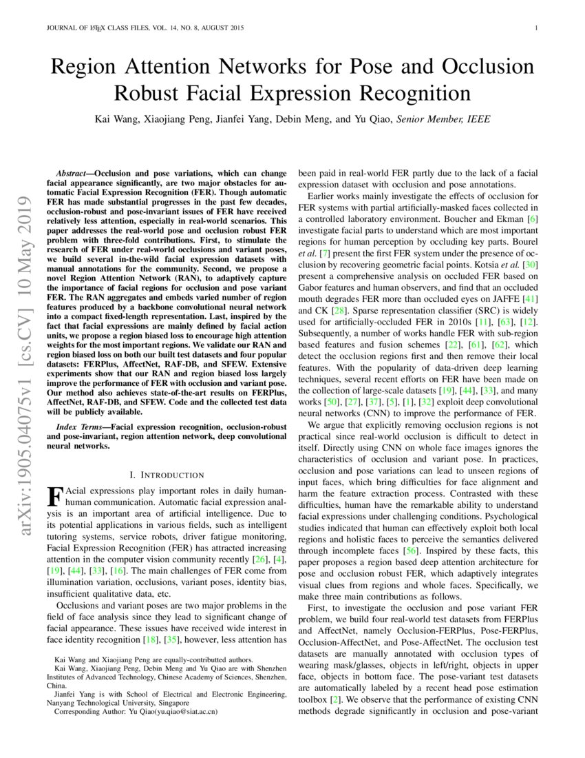 Region Attention Networks for Pose and Occlusion Robust Facial Expression Recognition | DeepAI