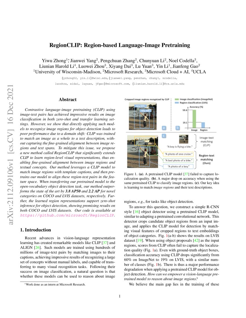 RegionCLIP: Region-based Language-Image Pretraining | DeepAI