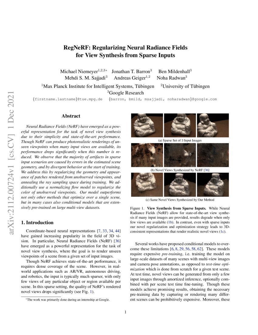RegNeRF: Regularizing Neural Radiance Fields for View Synthesis from Sparse Inputs | DeepAI