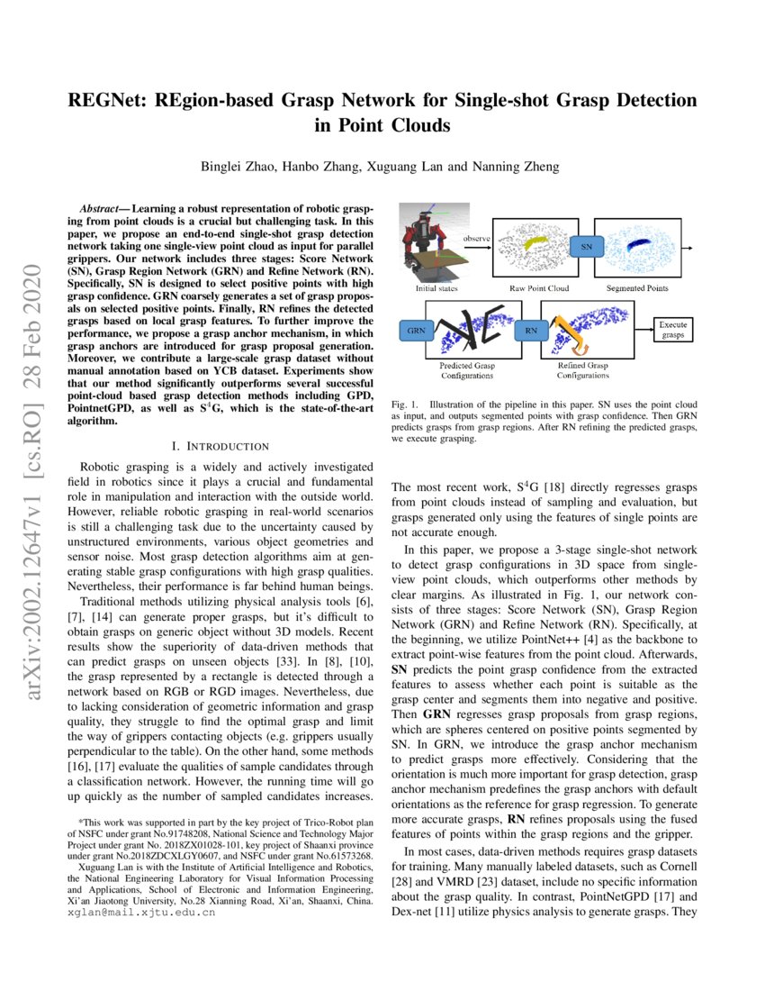 Regnet Region Based Grasp Network For Single Shot Grasp Detection In Point Clouds Deepai 