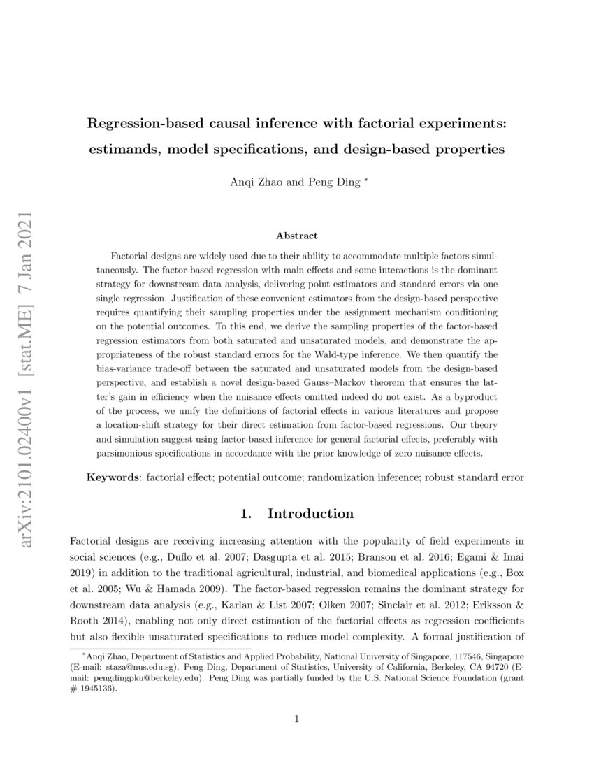 Regression Based Causal Inference With Factorial Experiments Estimands