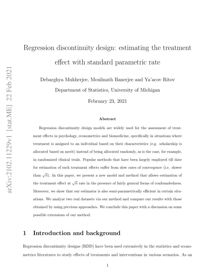 Regression discontinuity design: estimating the treatment effect with standard parametric rate ...