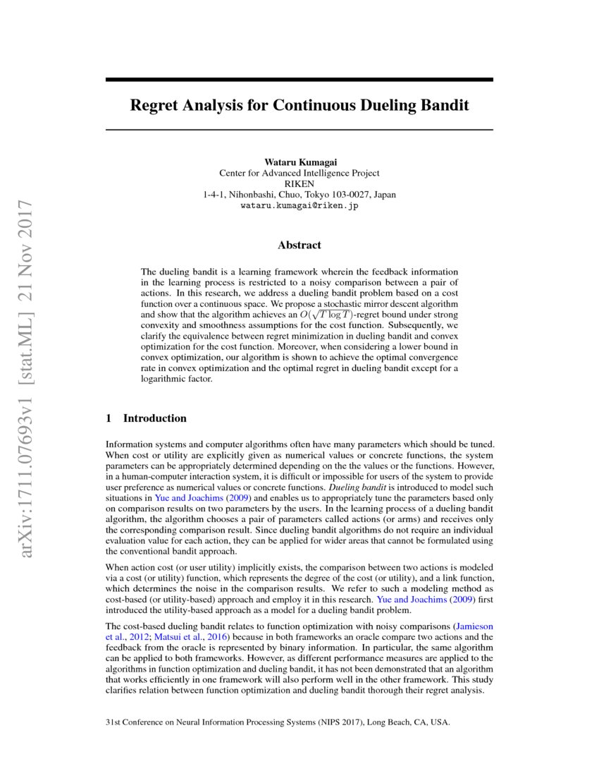 Regret Analysis for Continuous Dueling Bandit | DeepAI