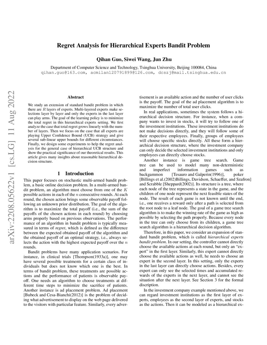 Regret Analysis for Hierarchical Experts Bandit Problem | DeepAI