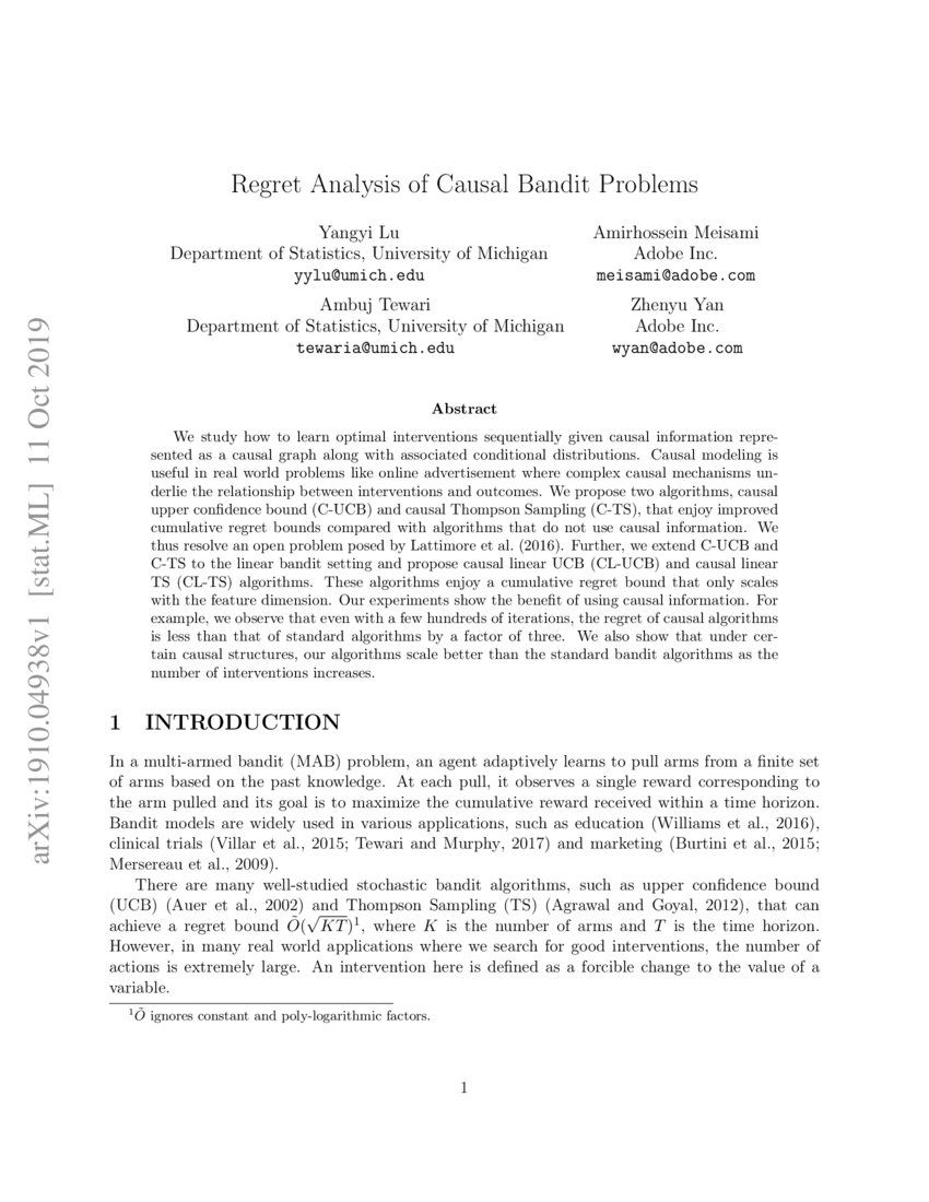 Regret Analysis Of Causal Bandit Problems Deepai 