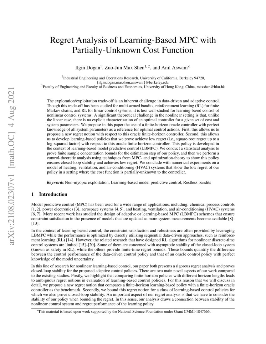 Regret Analysis of Learning-Based MPC with Partially-Unknown Cost Function | DeepAI
