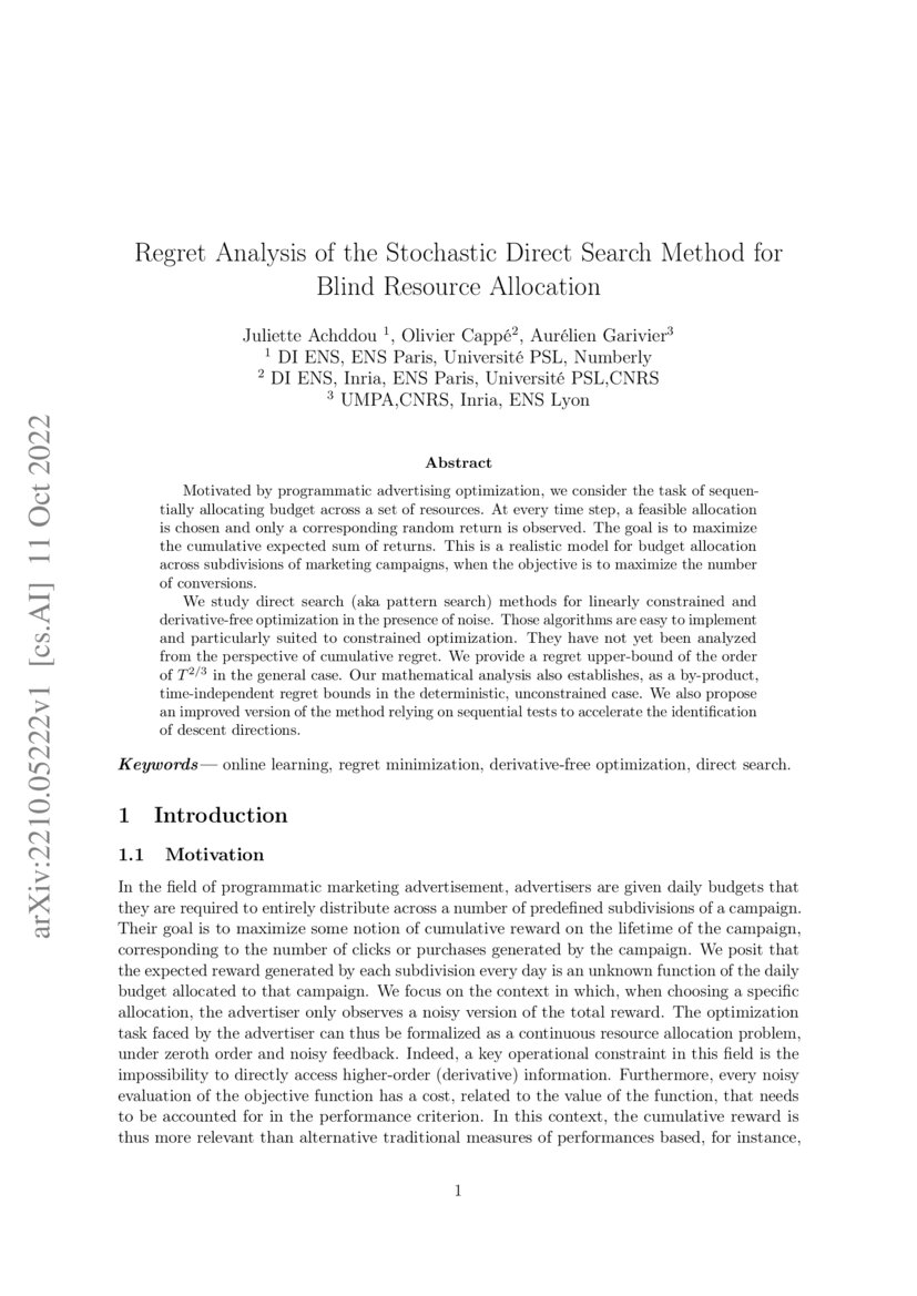 Regret Analysis Of The Stochastic Direct Search Method For Blind